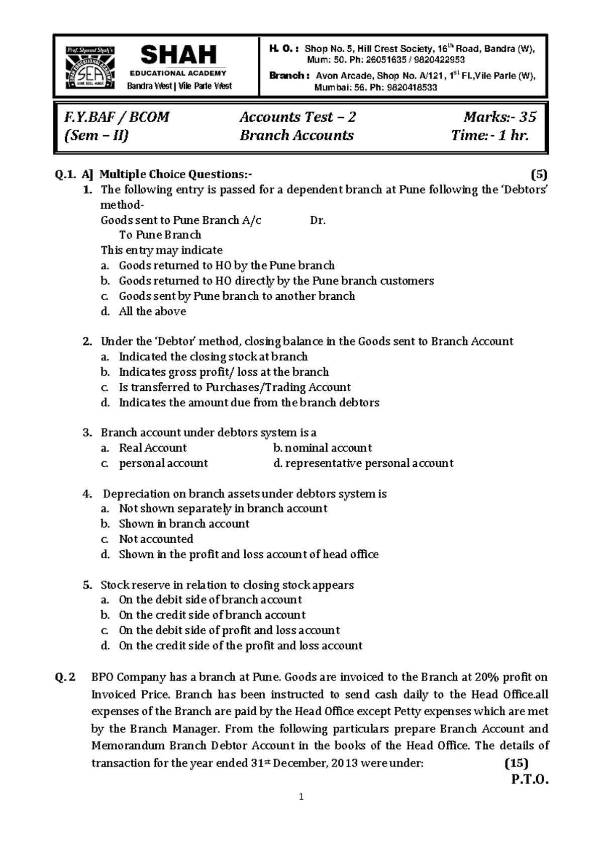 F.Y.BAF BCom Test 2 Branch Accounts Solutions & MCQs - Studocu