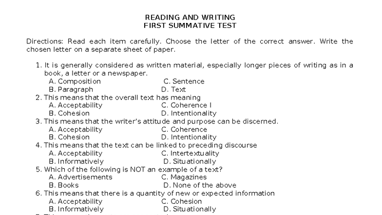 1ST Summative Test: Reading and Writing Exam Questions - Studocu
