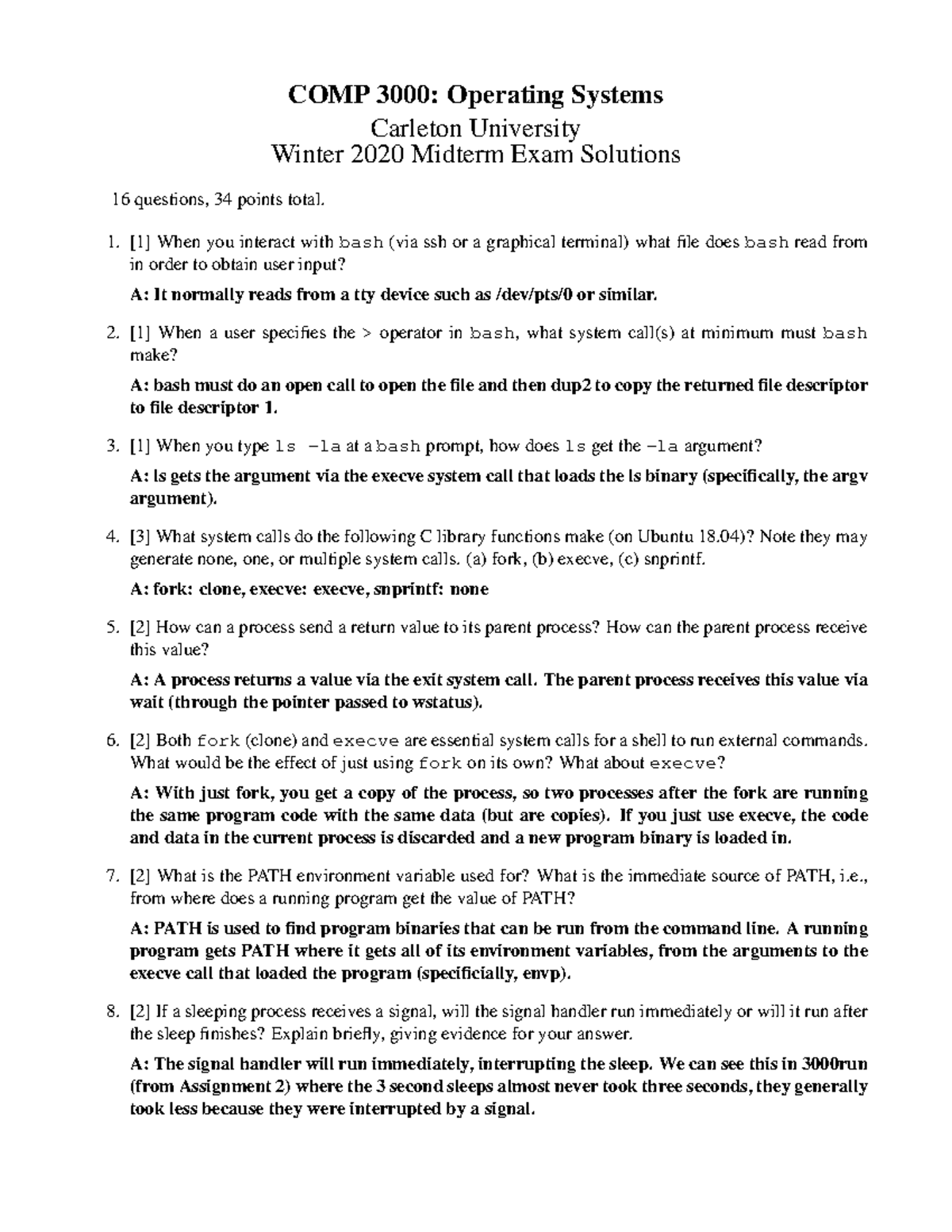 Comp3000 midterm 2020w sol - COMP 3000: Operating Systems Carleton ...