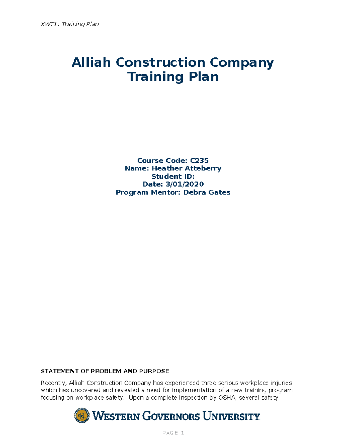 C235 Training and Development Task 1 - XWT1: Training Plan Alliah ...