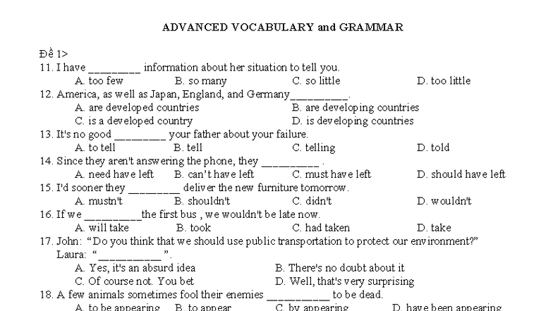 ADVANCED VOCABULARY and GRAMMAR Đề 11 - Practice Questions - Studocu