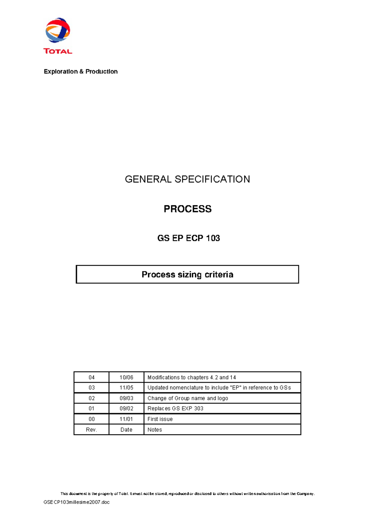 GS EP ECP 103 - General Specification for Process Sizing Criteria - Studocu