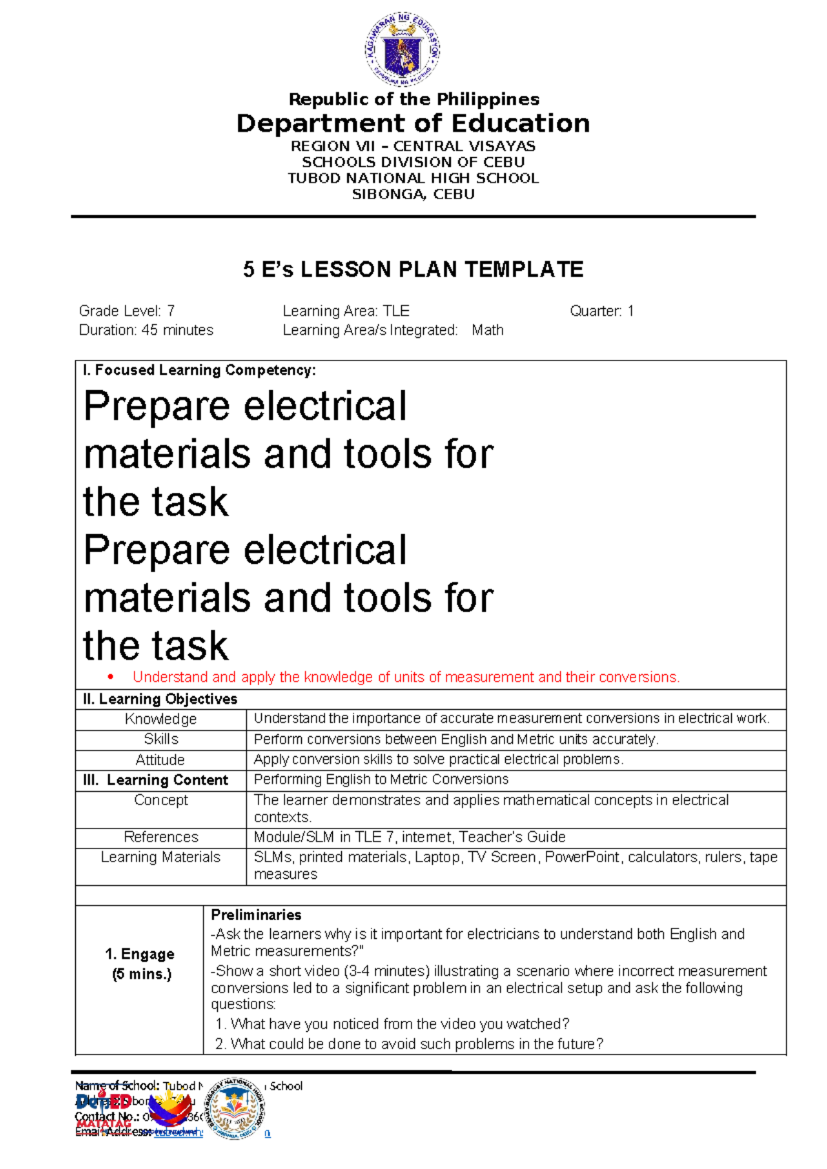 CO 1 TLE Conversion - Detailed Lesson Plan for 7th Grade TLE COT7 - Studocu