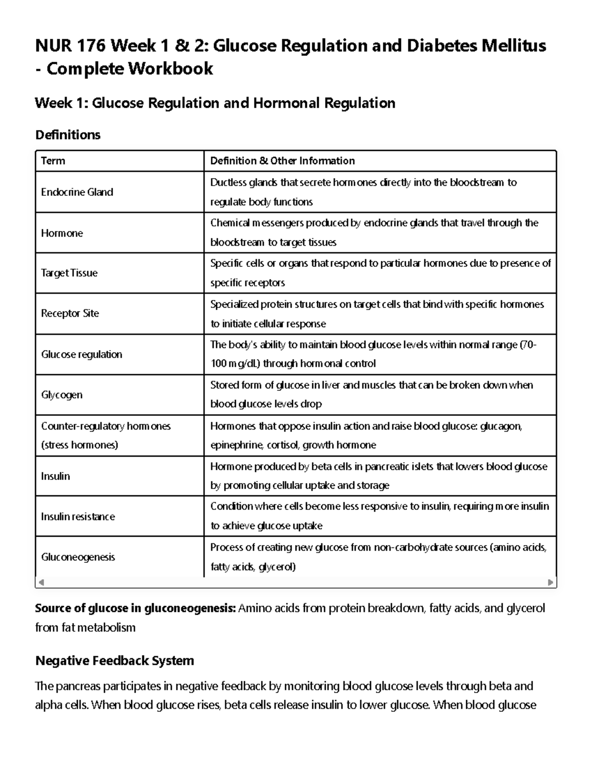 NUR 176 Week 1: Comprehensive Workbook on Diabetes & Glucose Regulation ...
