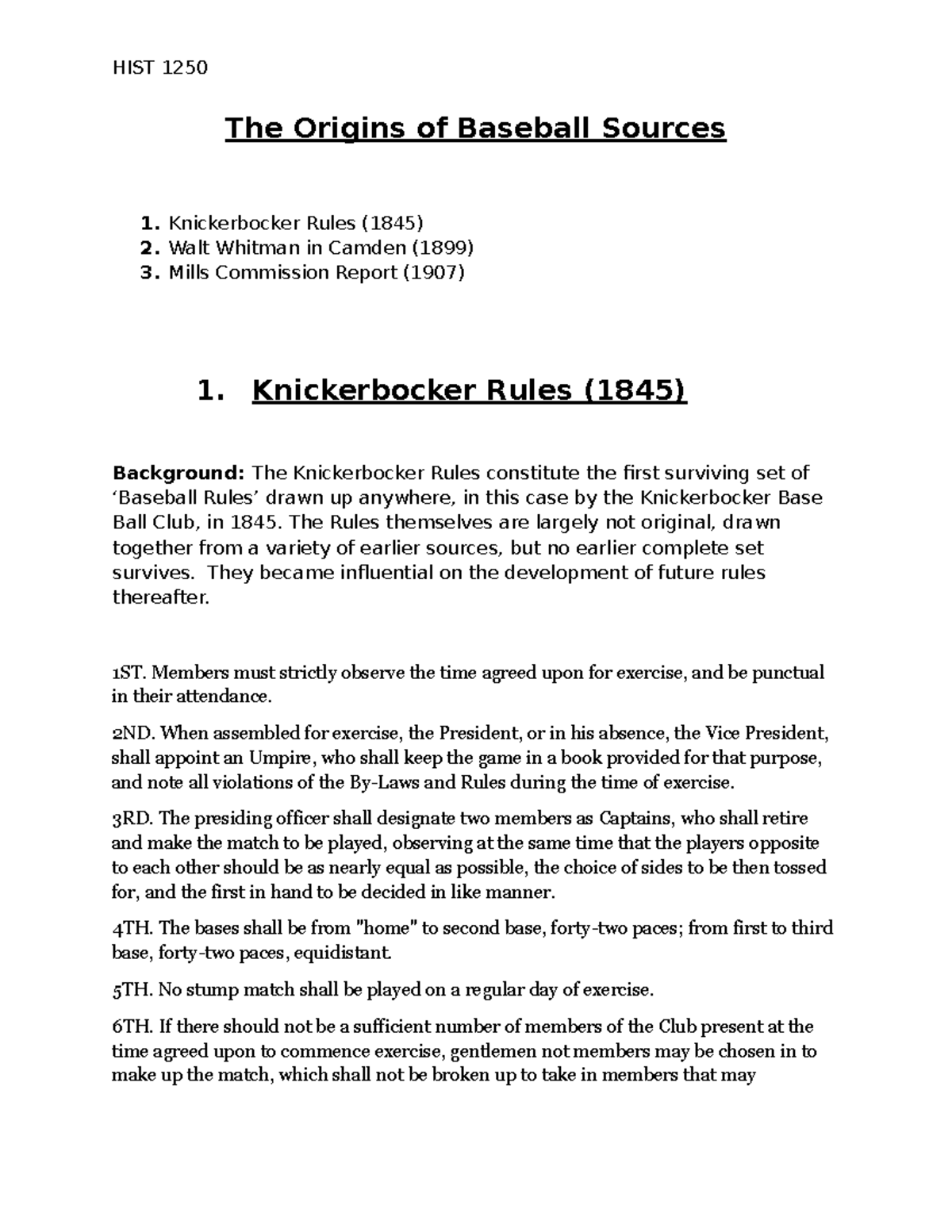 HIST 1250: The Origins of Baseball - Knickerbocker Rules & Mills Report ...
