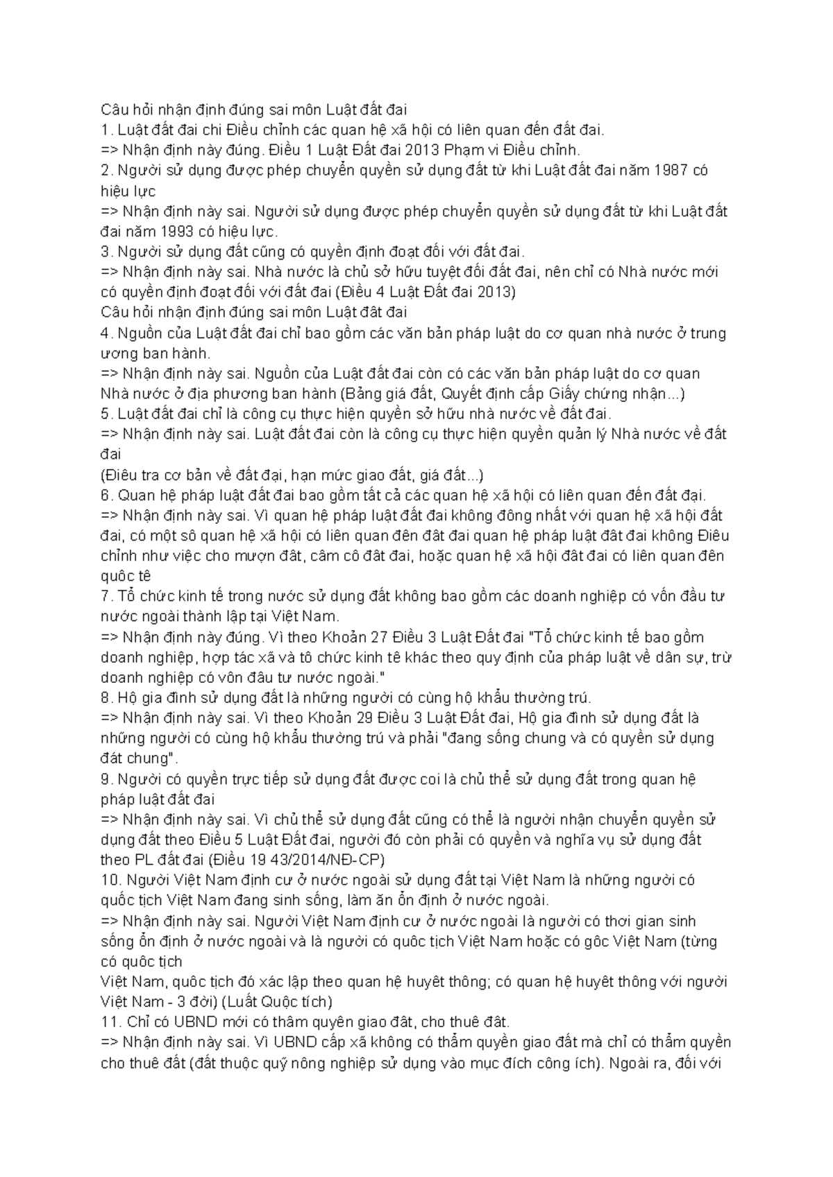 Câu hỏi đúng sai môn Luật đất đai 1 (LDD-1244) - Studocu