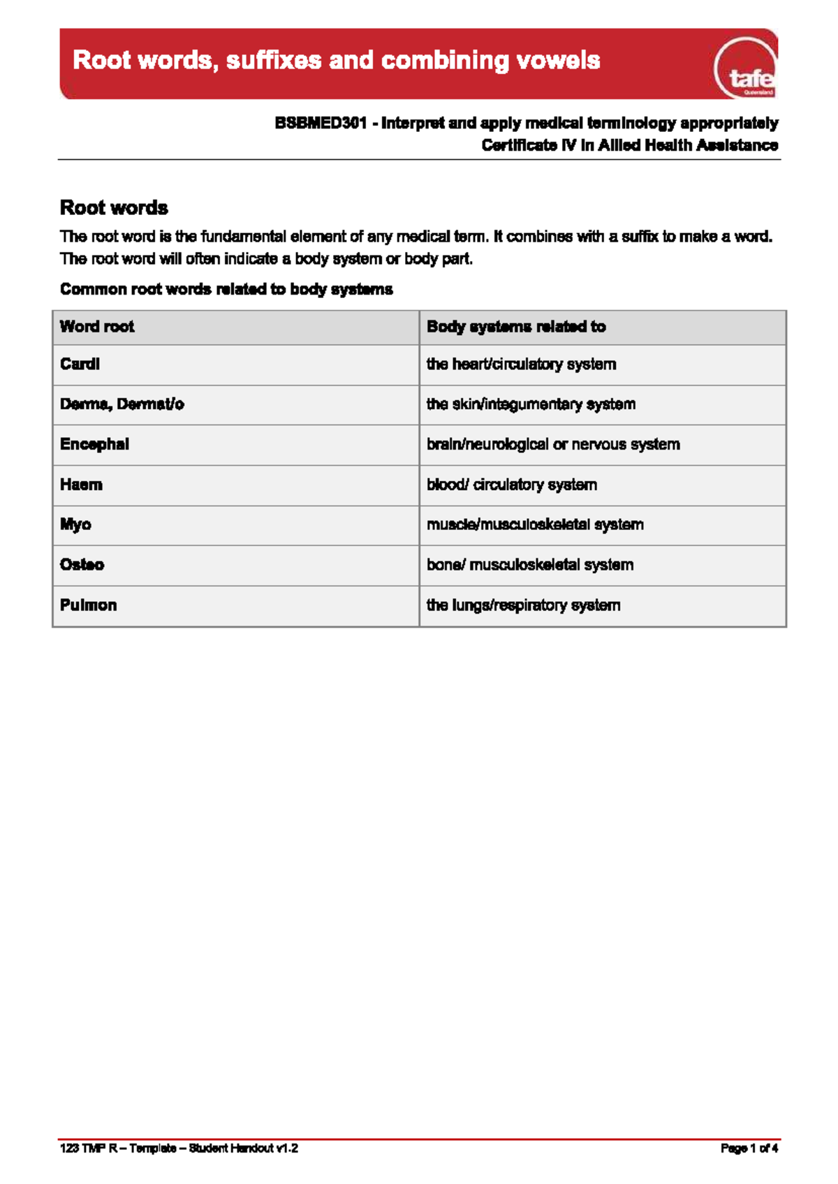 BSBMED301 Medical Terminology: Root Words, Suffixes & Combining Vowels ...