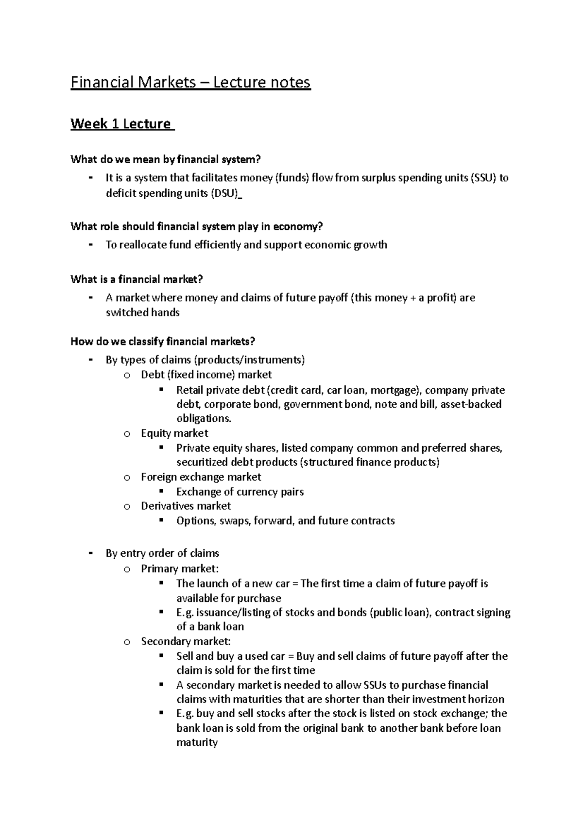 EFB201 Lecture notes - Financial Markets – Lecture notes Week 1 Lecture ...