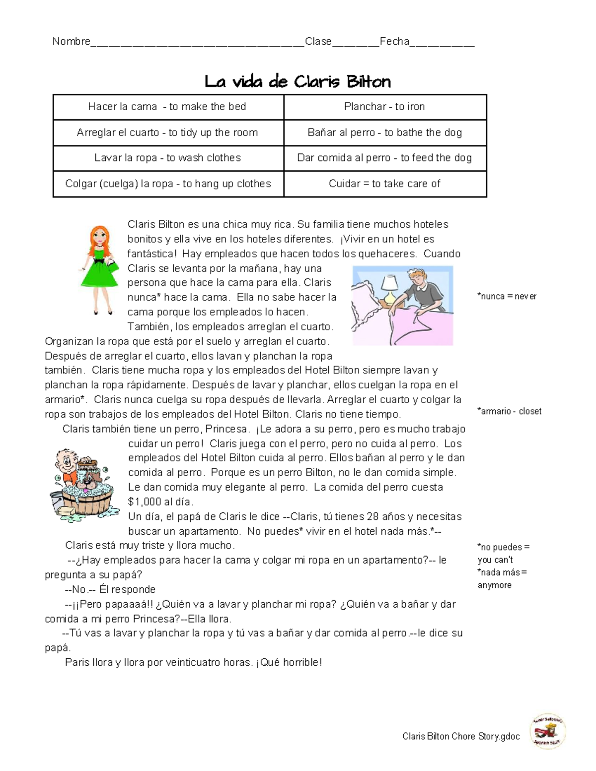 La Vida de Claris Bilton: Los Quehaceres (Reading Comprehension) - Studocu