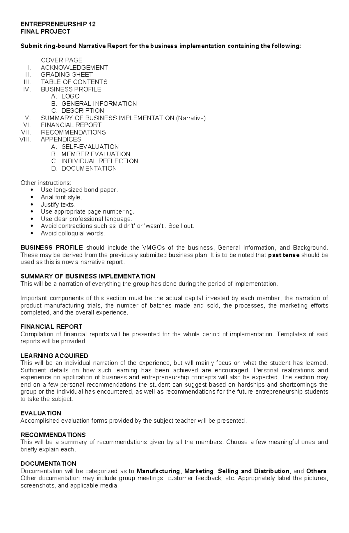 ENTREPRENEURSHIP 12 FINAL PROJECT Narrative Report Format SY 2024-2025 ...