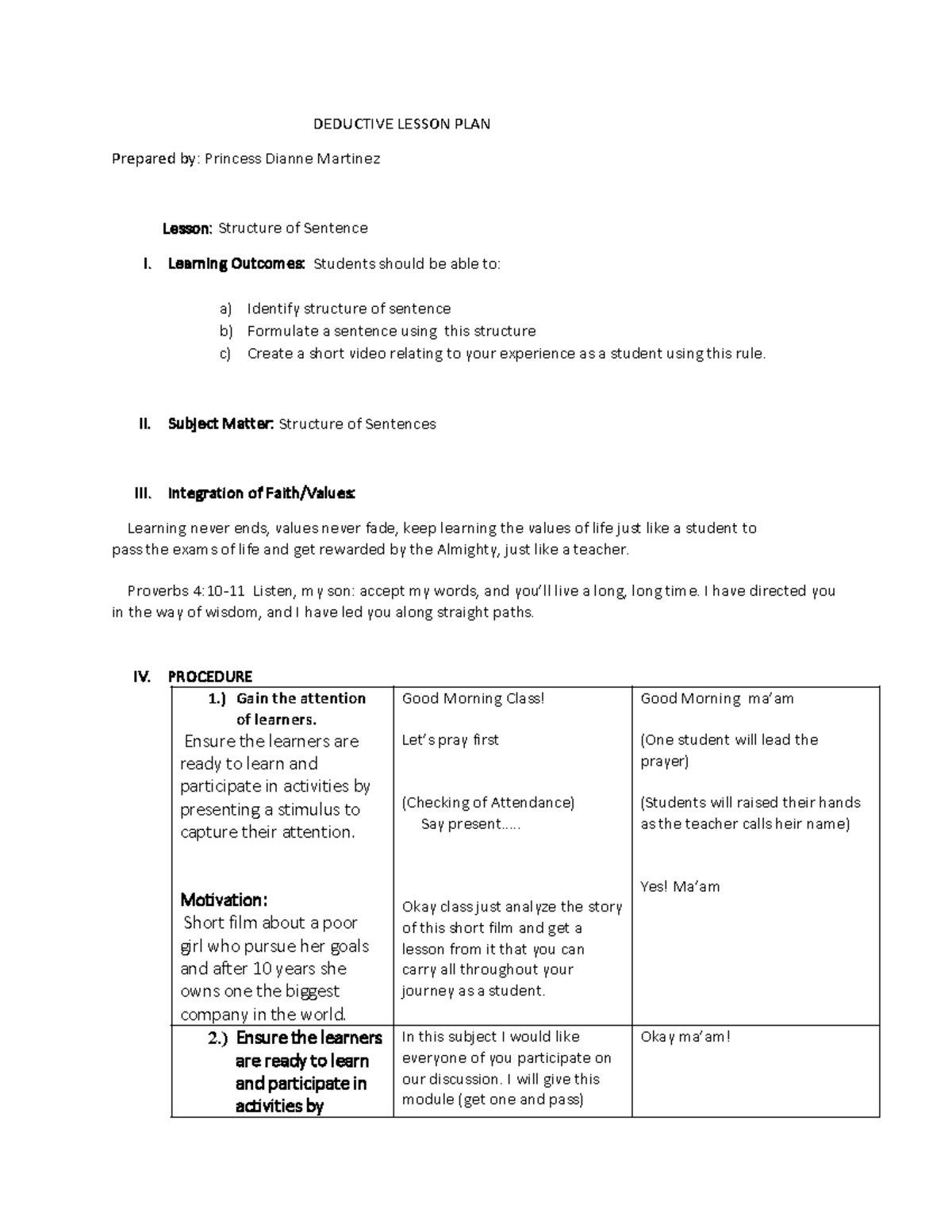 Deductive Lesson Plan on Sentence Structure for Class ENG101 - Studocu