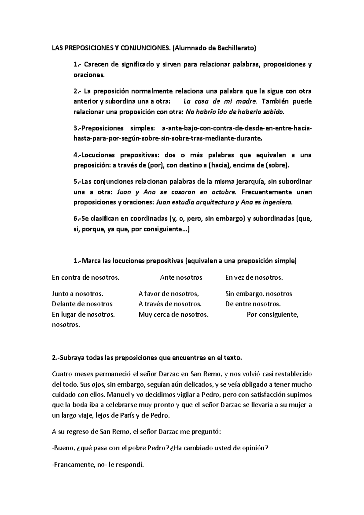 8.- Preposiciones y Conjunciones: Ejercicios para Bachillerato - Studocu