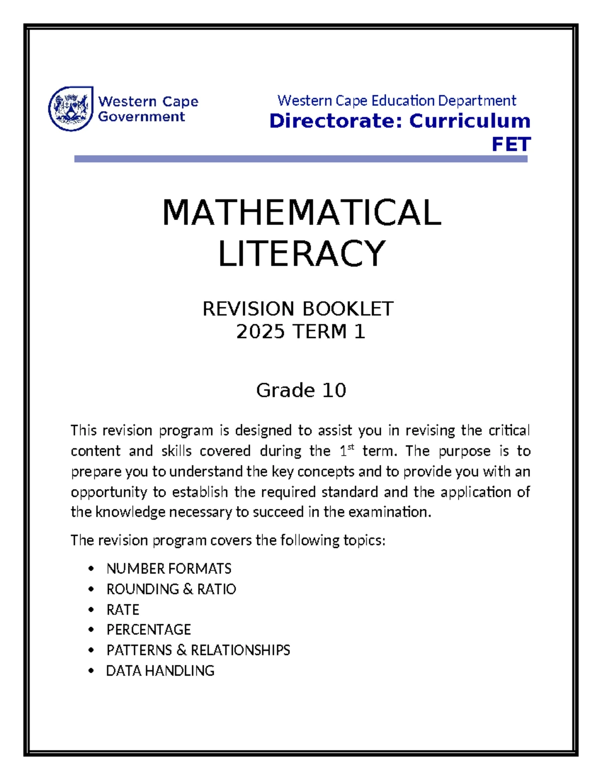 Mathematical Literacy Grade 12 Term 3 Revision Guide 2024 - Studocu