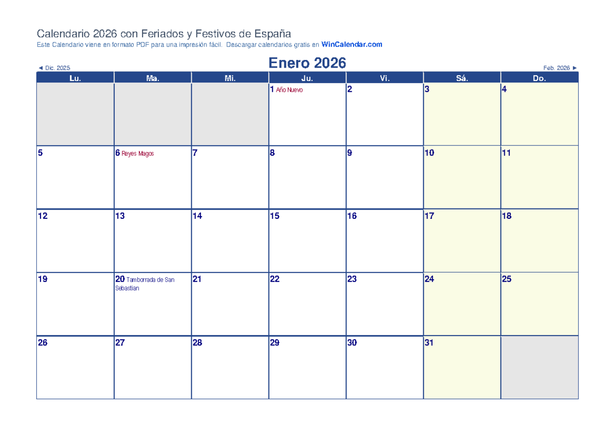 Calendario 2026: Feriados y Festivos en España - Studocu