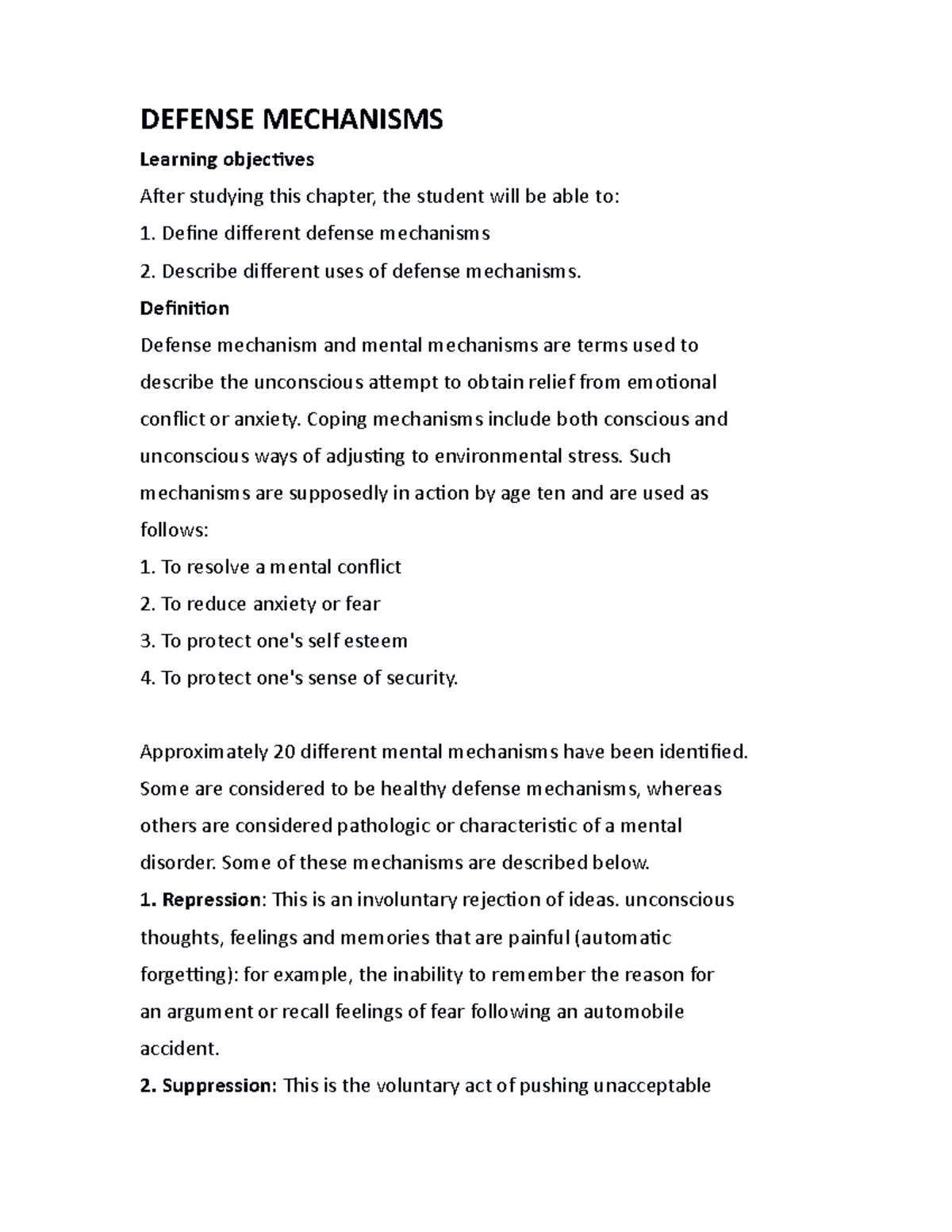 Defense Mechanisms: Detailed Notes & Applications in Psychology - Studocu