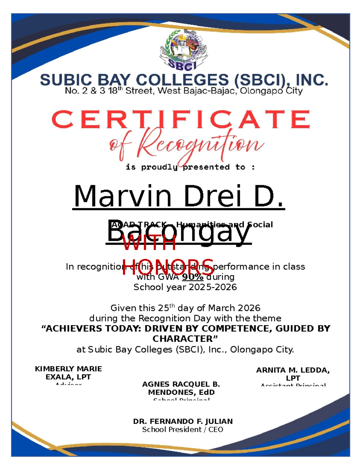 Recognition of Academic Excellence in HUMSS Track - March 2026 - Studocu