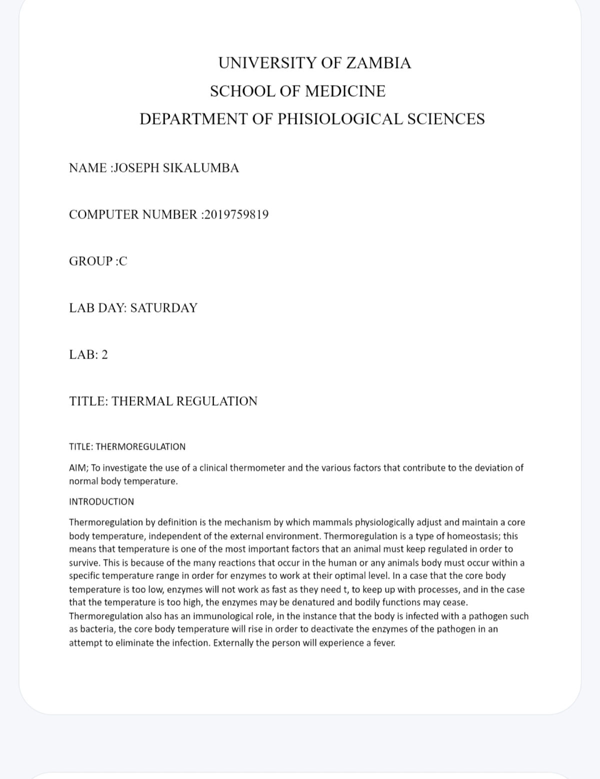 Thermoregulation Lab Manual - Physiological Sciences 2019759819 - Studocu
