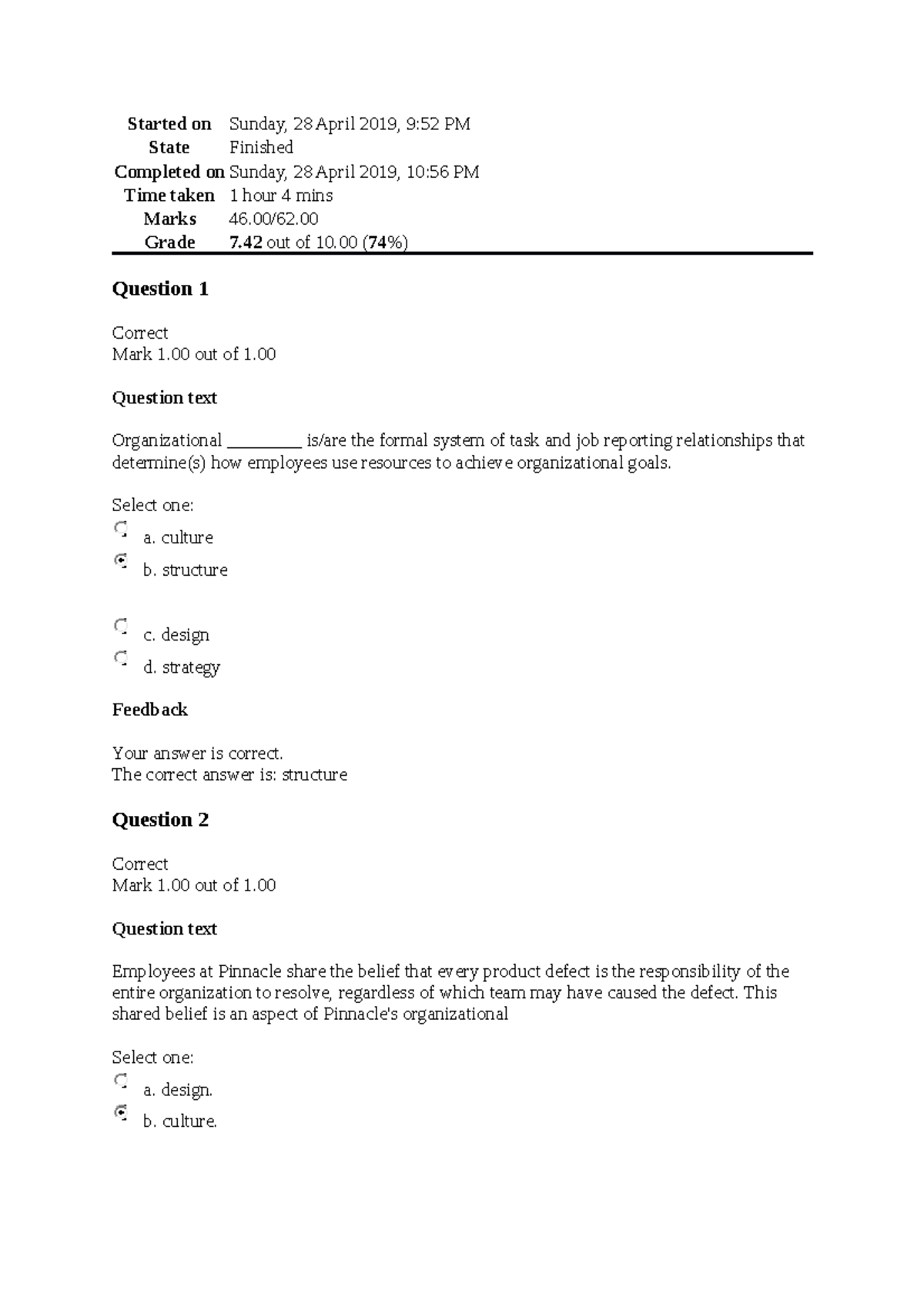QUIZ 9 Chapter 10 - management tutorial - Started on Sunday, 28 April ...