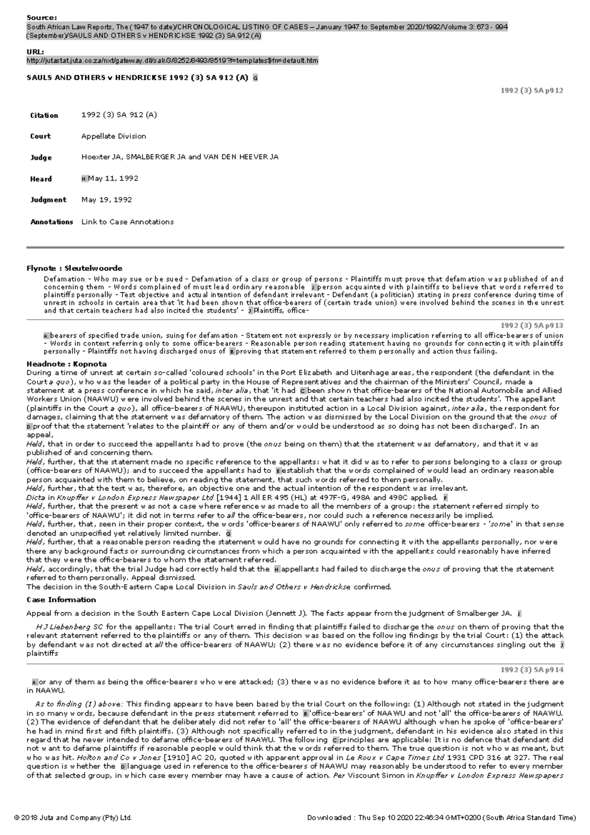 Sauls & Others v Hendrickse: Defamation Case Analysis (1992 3 SA 912 A) - Studocu