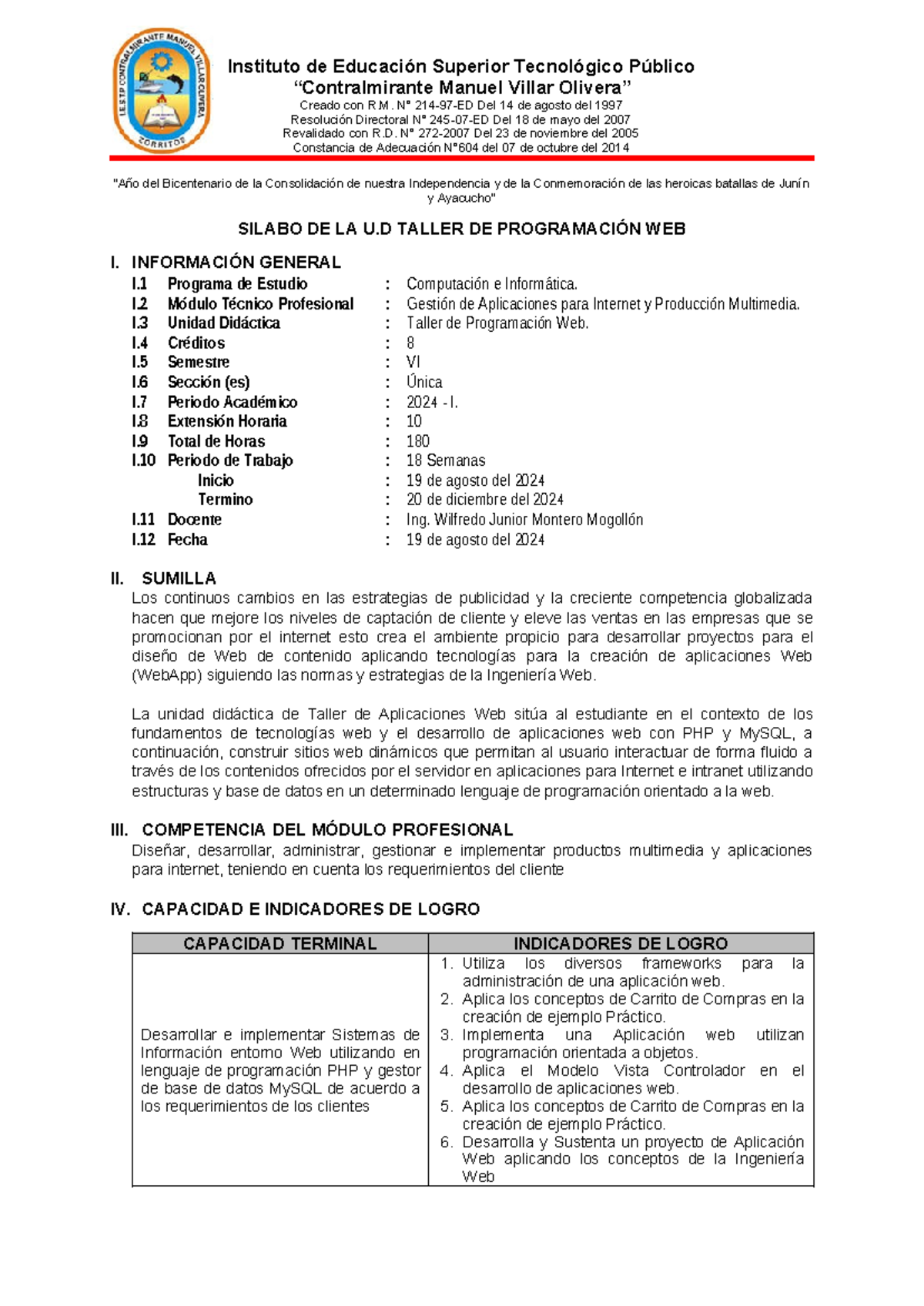 Sílabo Taller de Programación Web I - CMVO - VI Semestre 2024 - Studocu