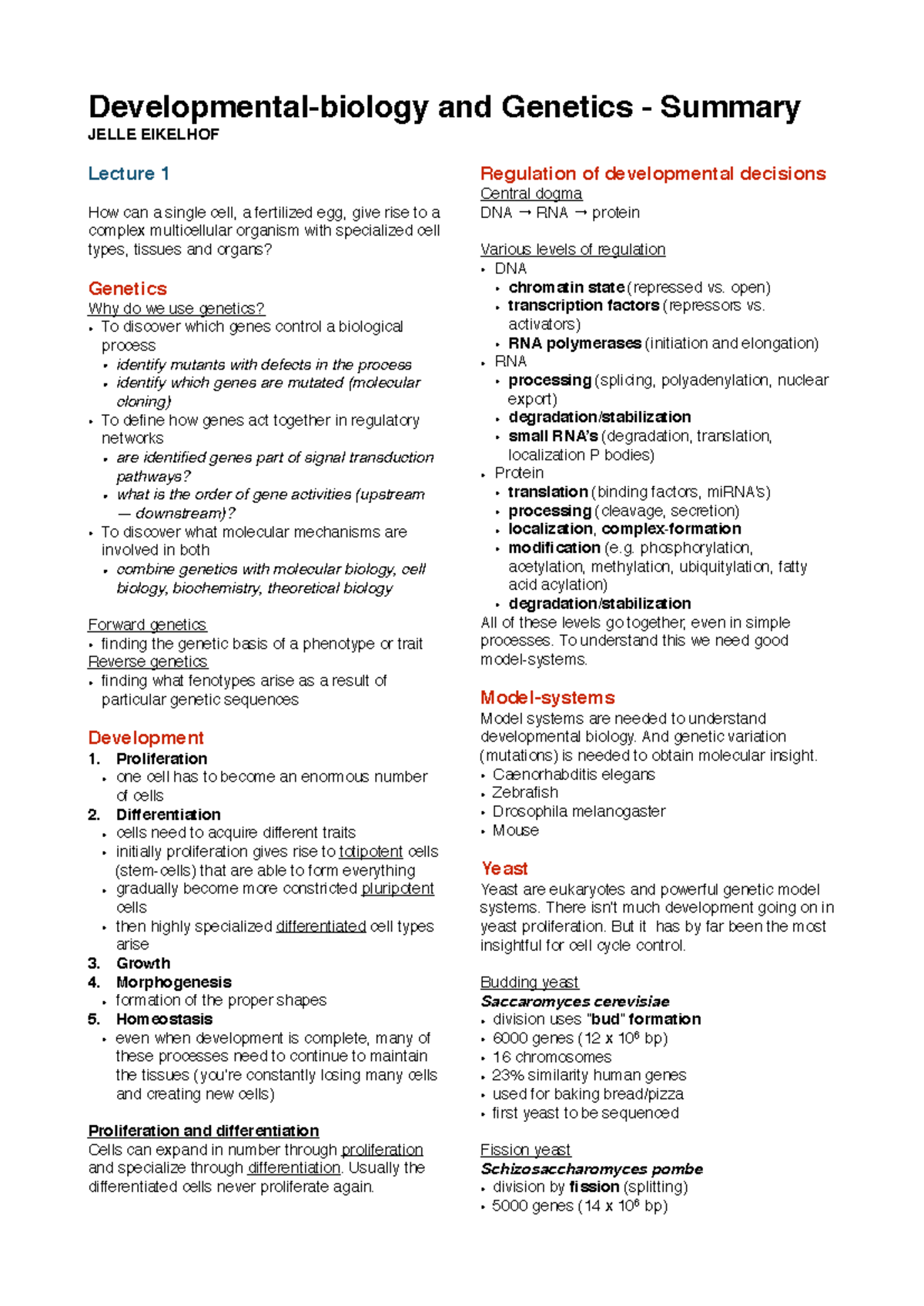 Summary: Developmental Biology & Genetics - Lecture 1-3 Notes - Studeersnel