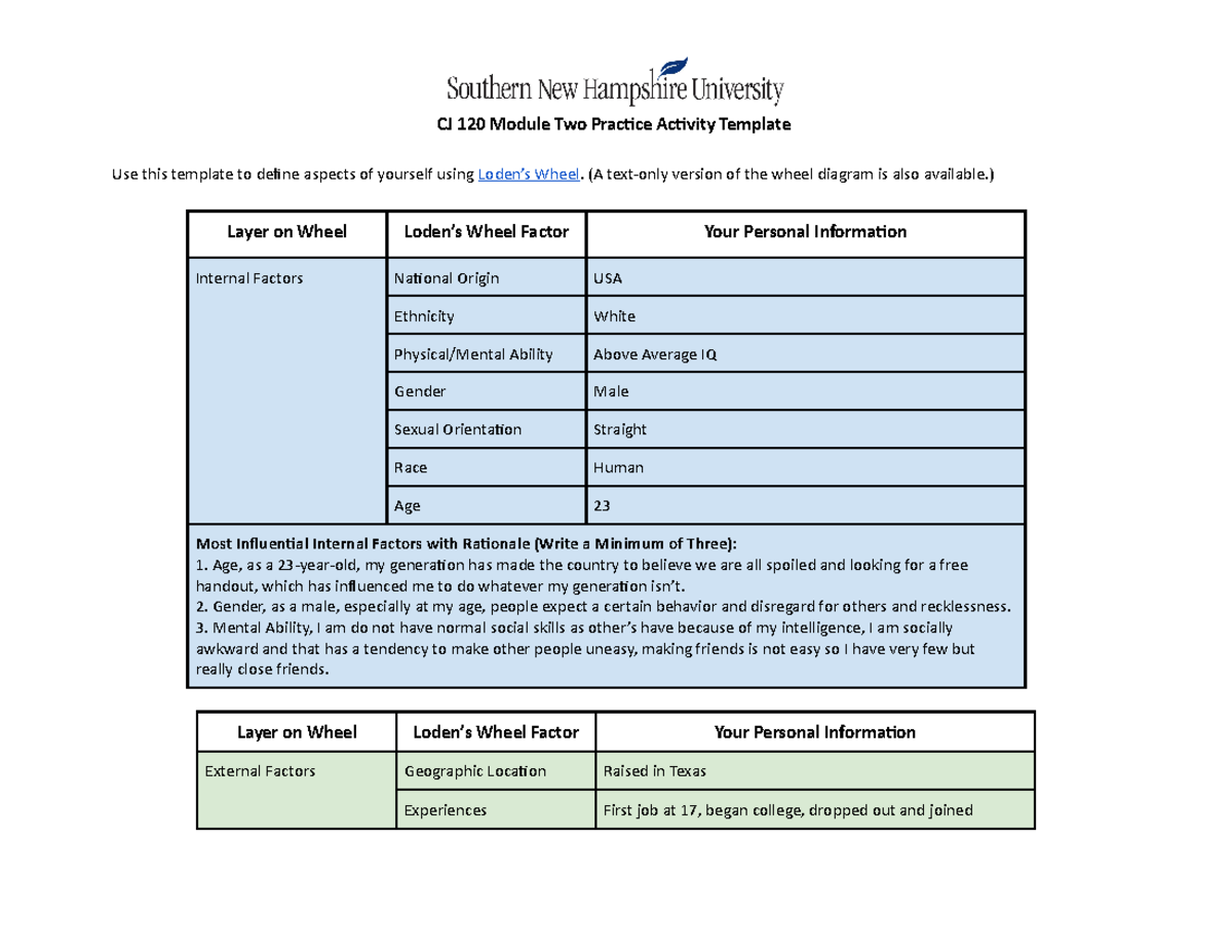 CJ 120 Module Two Personal Reflection Using Loden’s Wheel Template ...