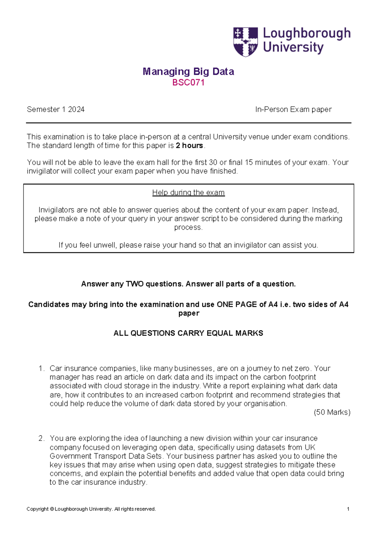 Managing Big Data BSC071 Semester 1 2024 Exam Paper - Studocu