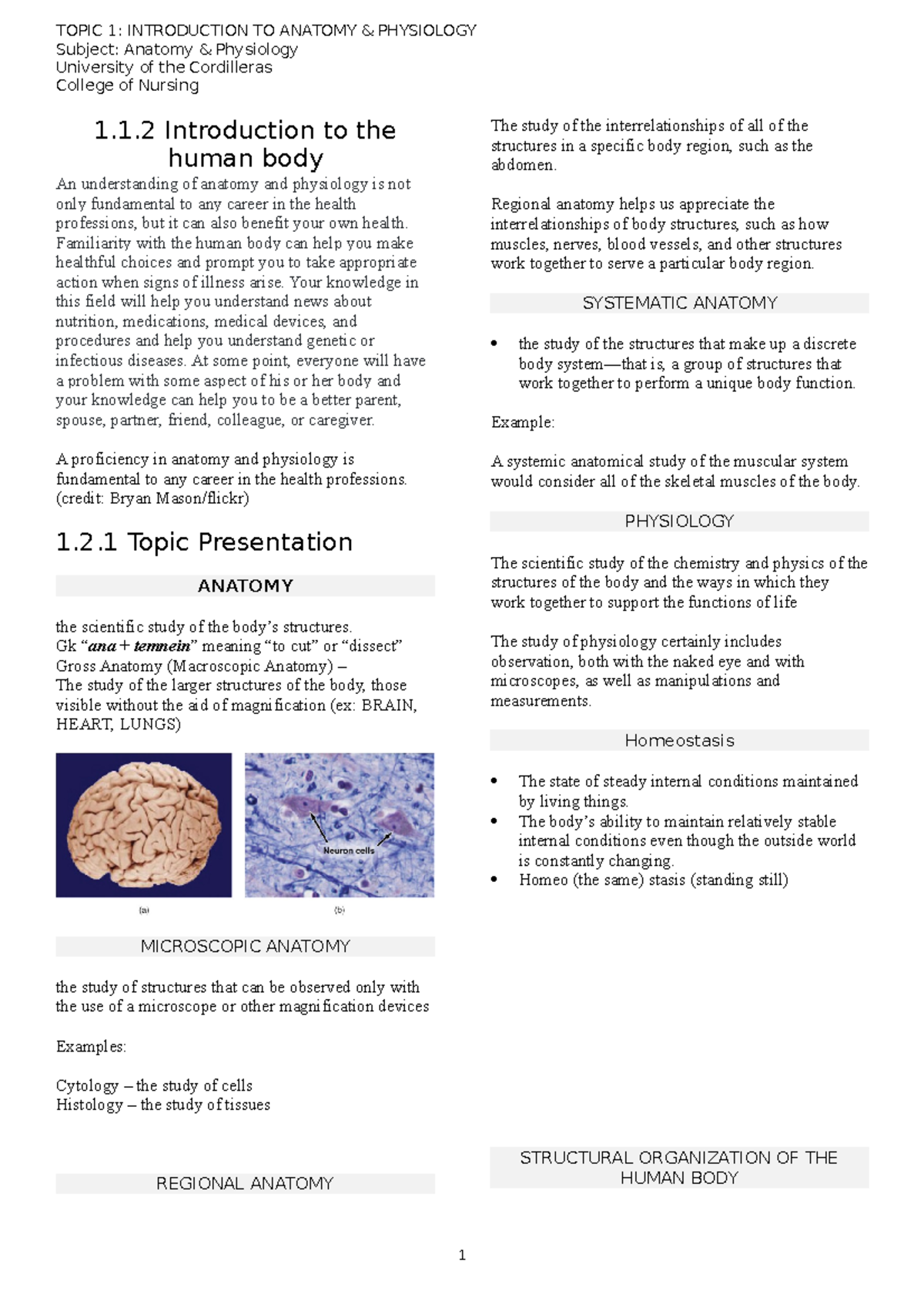 Introduction to Anatomy & Physiology (BIO101) - Topic 1 Overview - Studocu