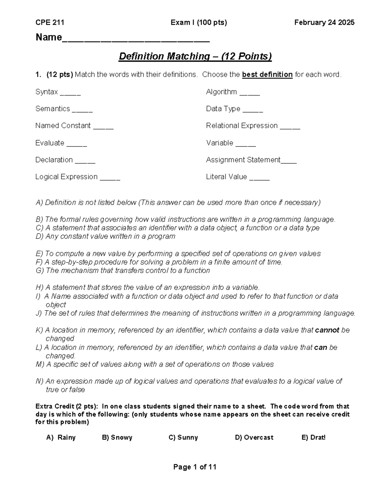 CPE 211 Exam I Review Questions & Solutions (Feb 2025) - Studocu