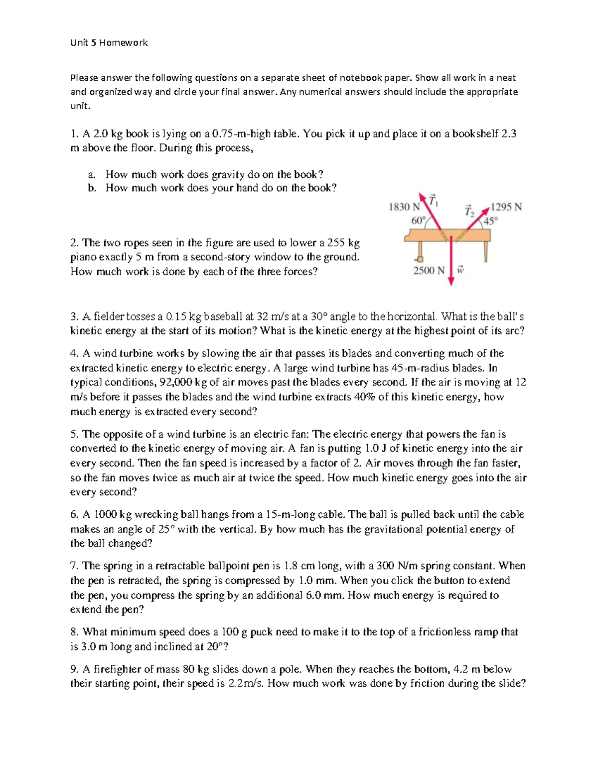 Unit 5 Homework - Physics Work and Energy Problems - Studocu