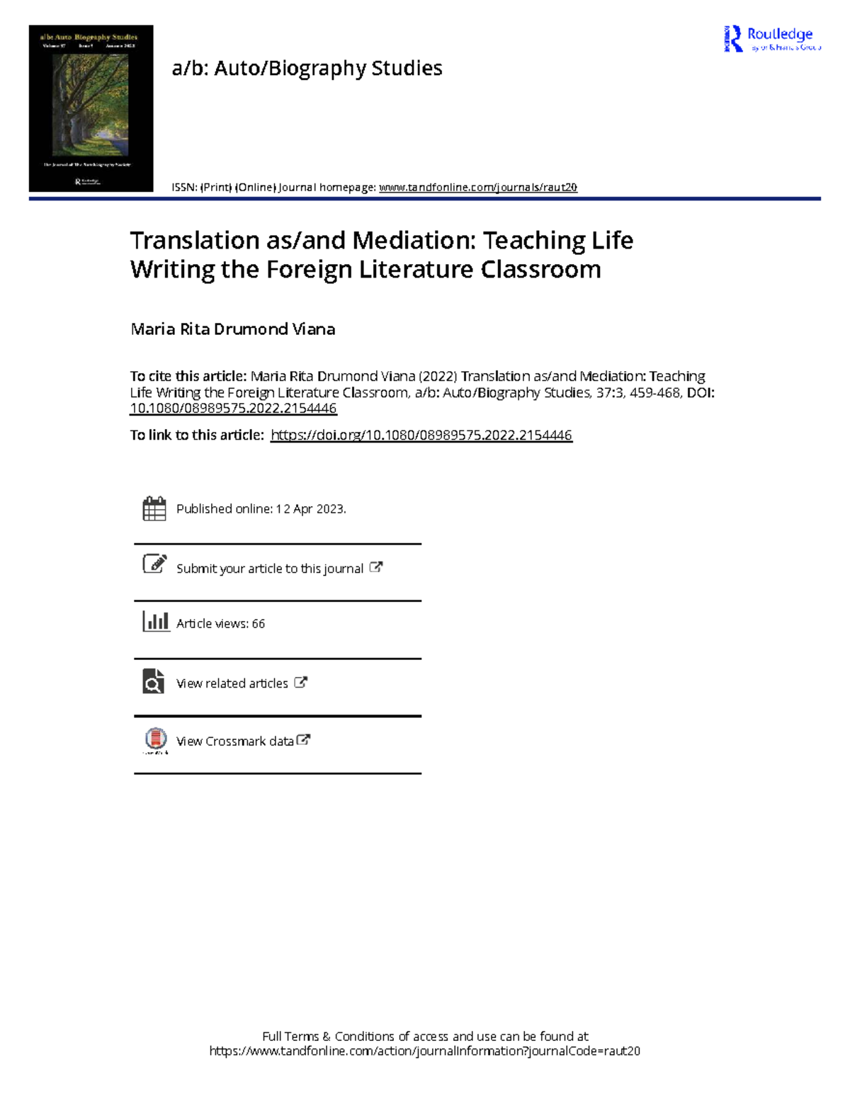 Translation Mediation: Teaching Life Writing in Foreign Lit Class (ISSN ...