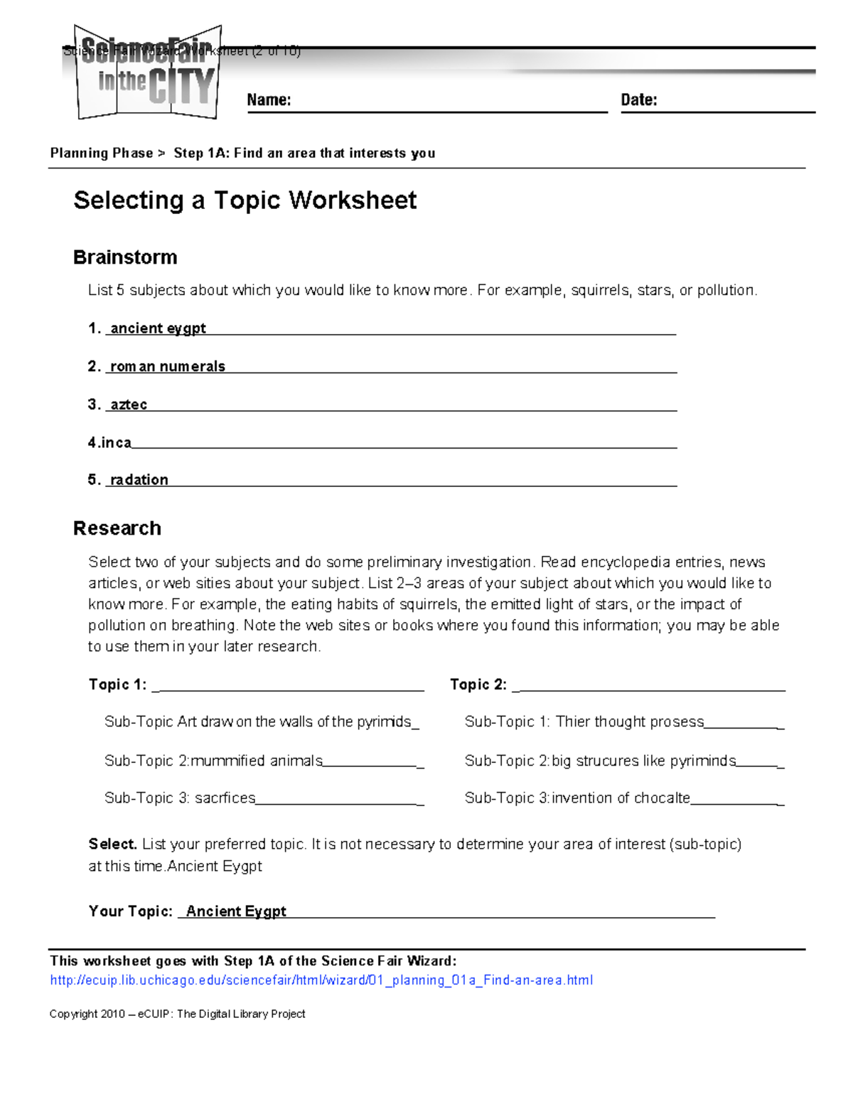 Select a topic 0c7be7 e788d0 - Science Fair Wizard Worksheet (2 of 10 ...