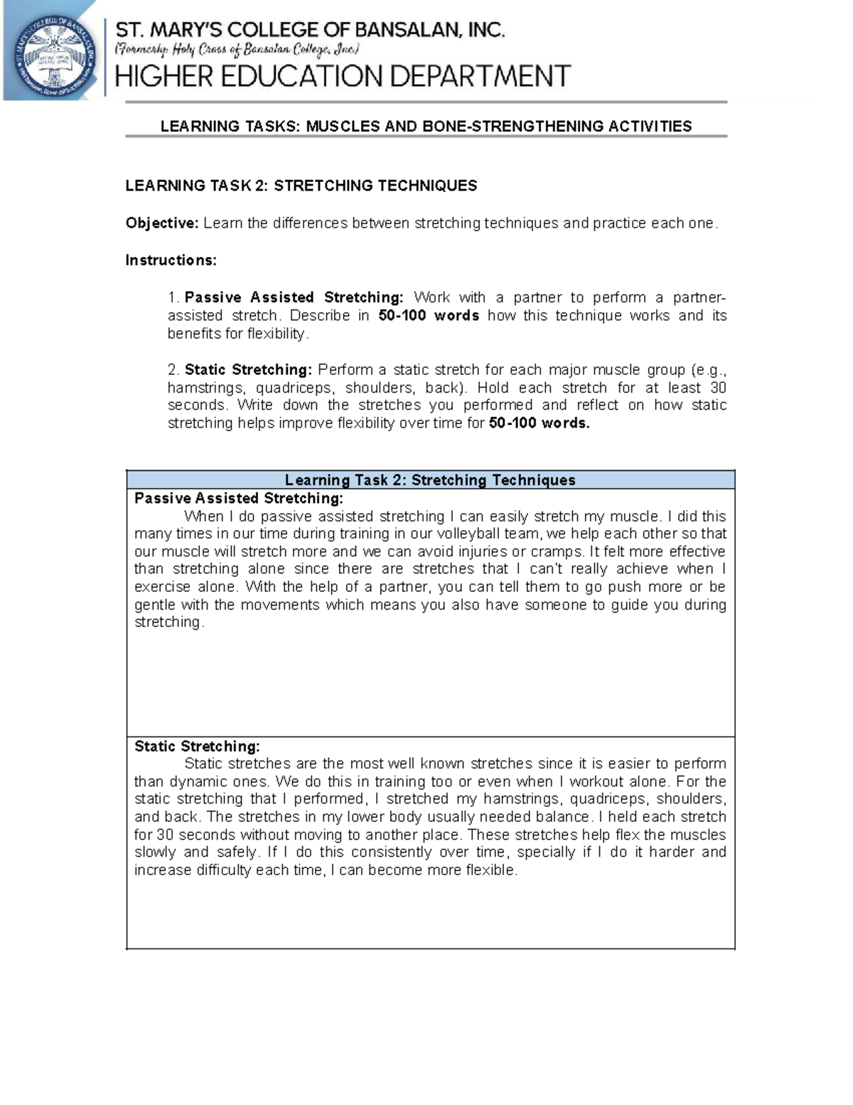 Pathfit Task 2: Stretching Techniques and Benefits for Flexibility ...