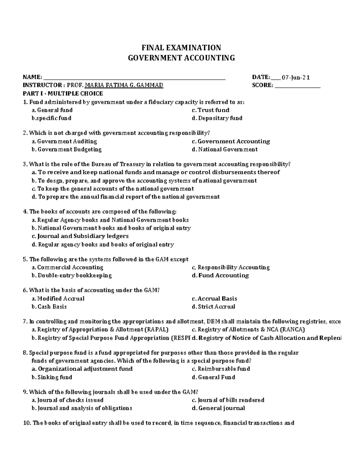 Final Exam Guide for GOVT ACCTG: Key Concepts and Topics - Studocu