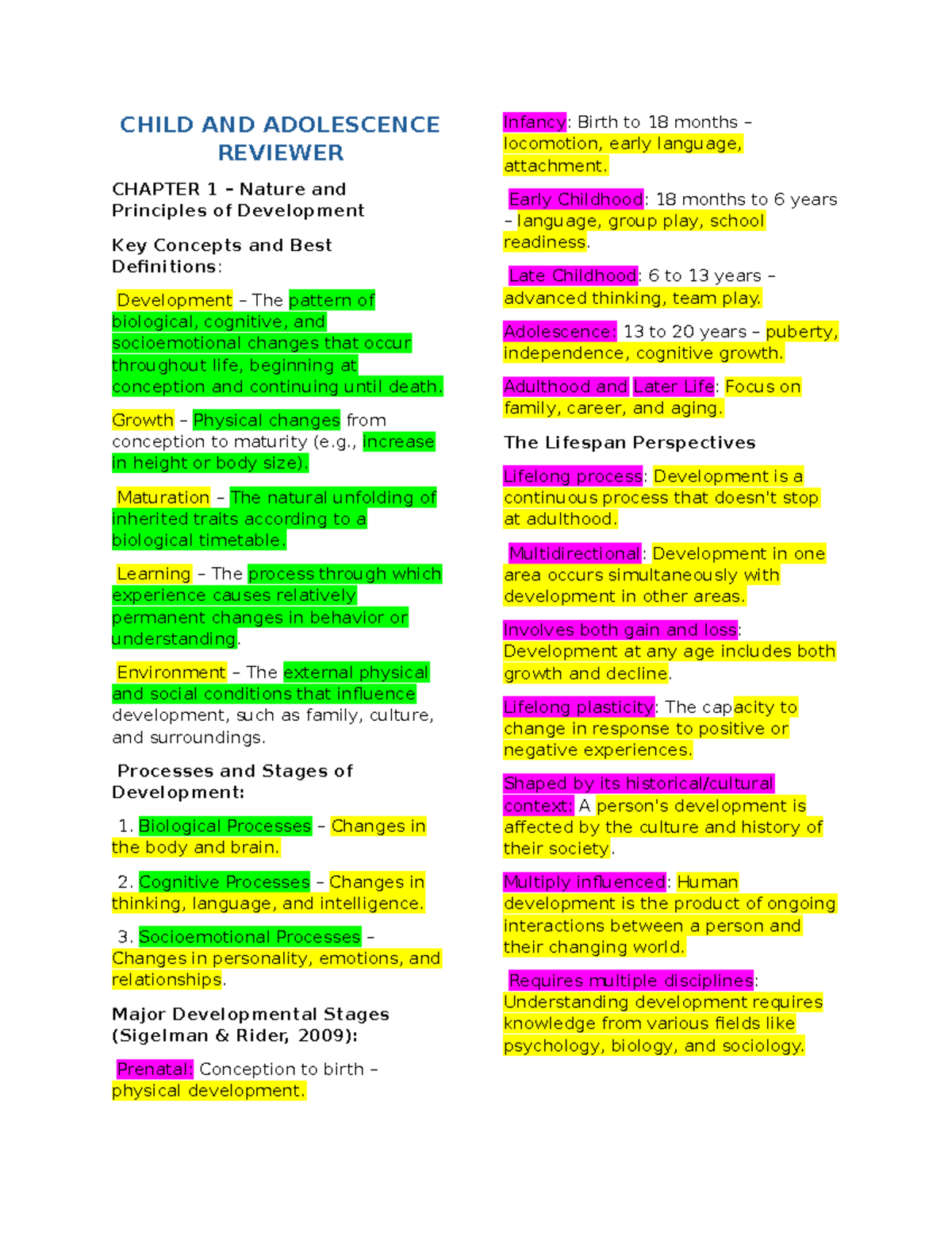CHILD AND ADOLESCENCE REVIEWER: DEVELOPMENTAL PRINCIPLES AND THEORIES ...