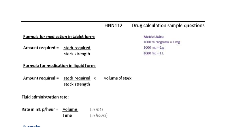 HNN112 Sample Drug Calculation Questions for Medications - Studocu