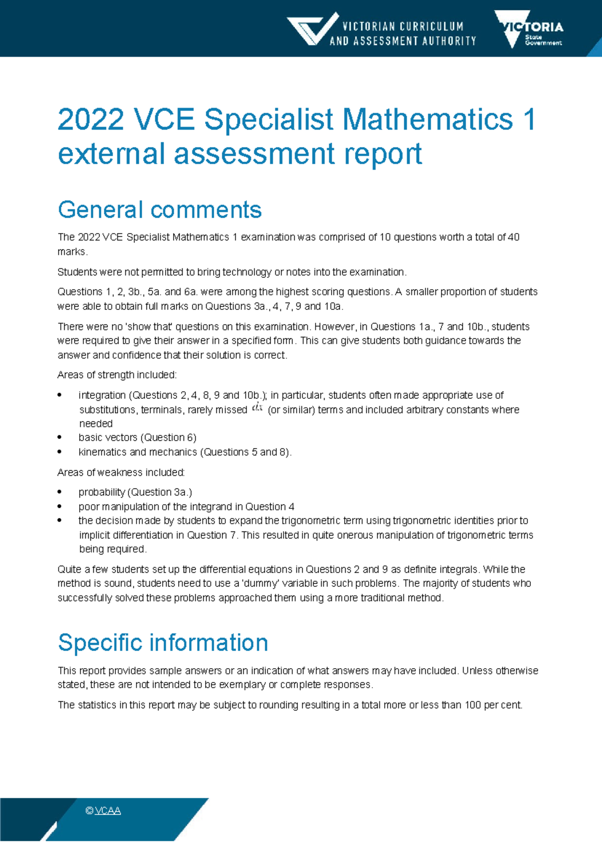 2022 VCE Specialist Mathematics 1 Exam Assessment Report Summary - Studocu