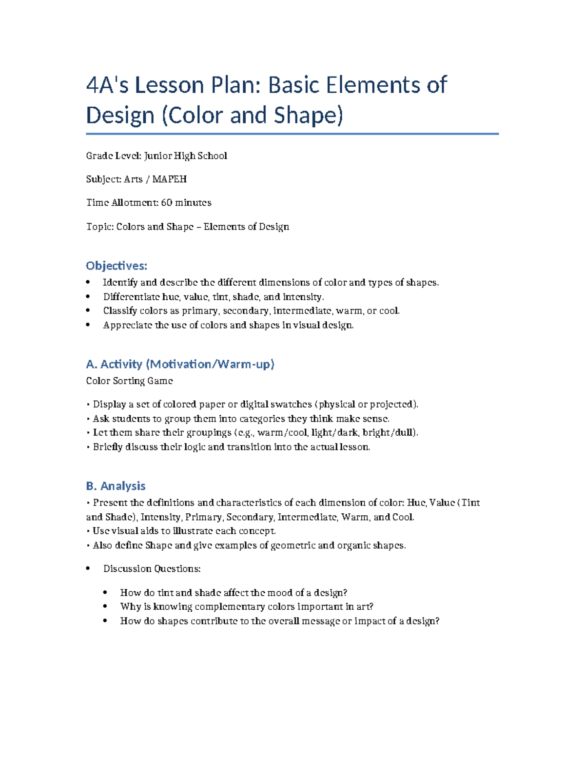 4As Lesson Plan: Basic Elements of Design (Color & Shape) - Studocu