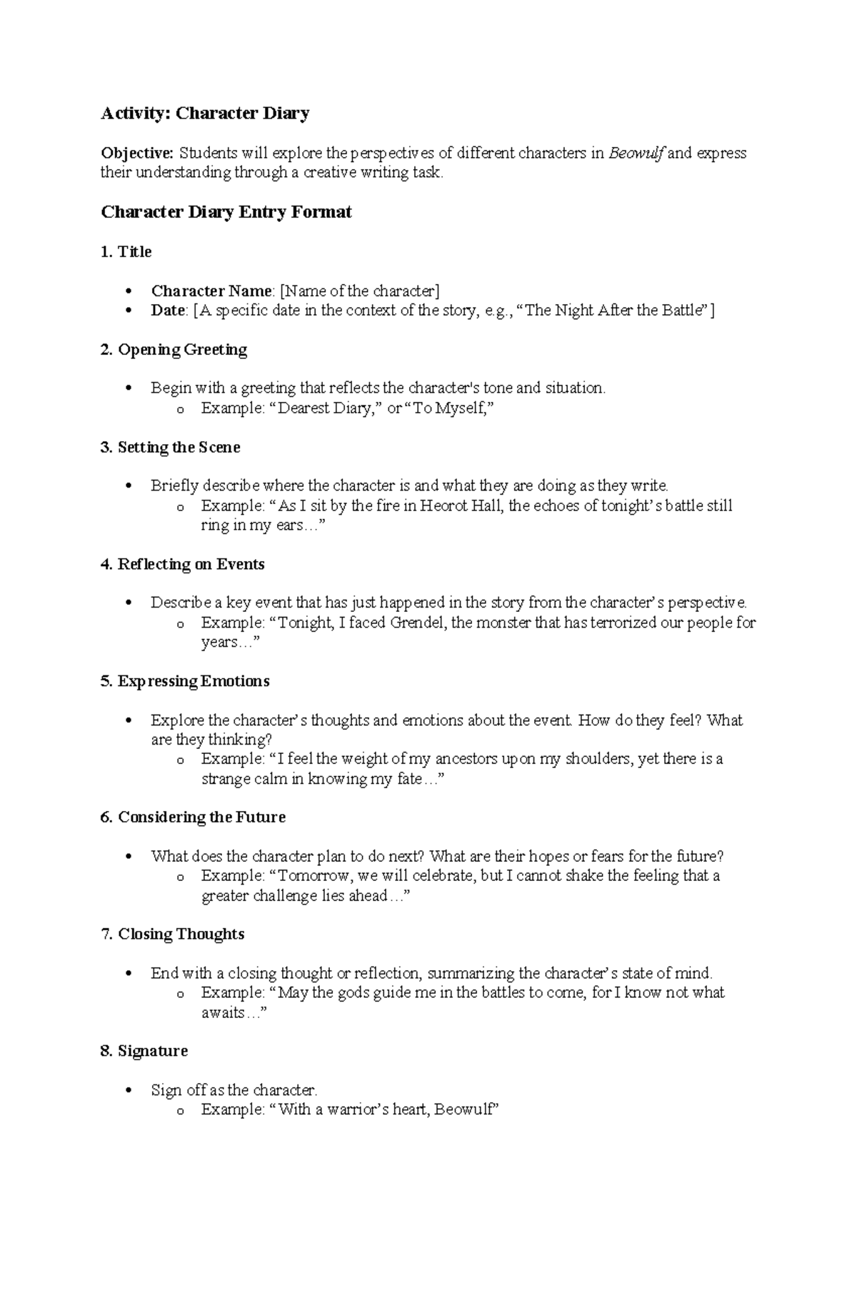 Character Diary Guidelines for Beowulf Analysis - Studocu