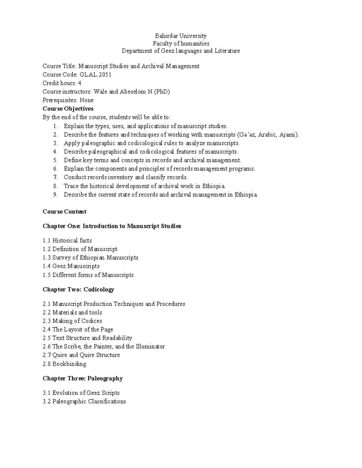 GLAL 2051 Manuscript Studies & Archival Management Course Outline - Studocu