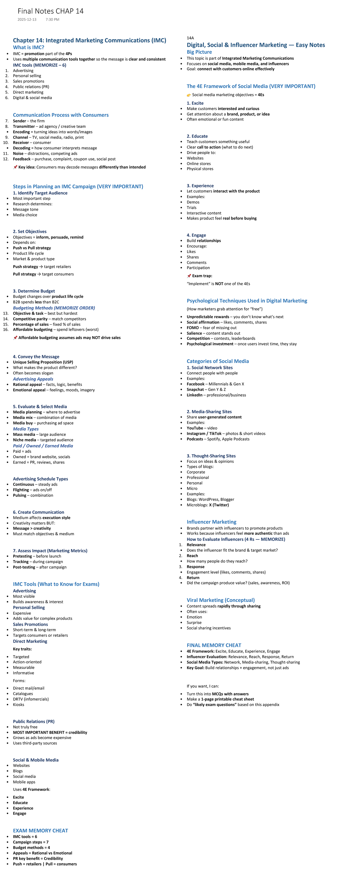 Final Exam Notes: CHAP 14 - Integrated Marketing Communications (IMC ...