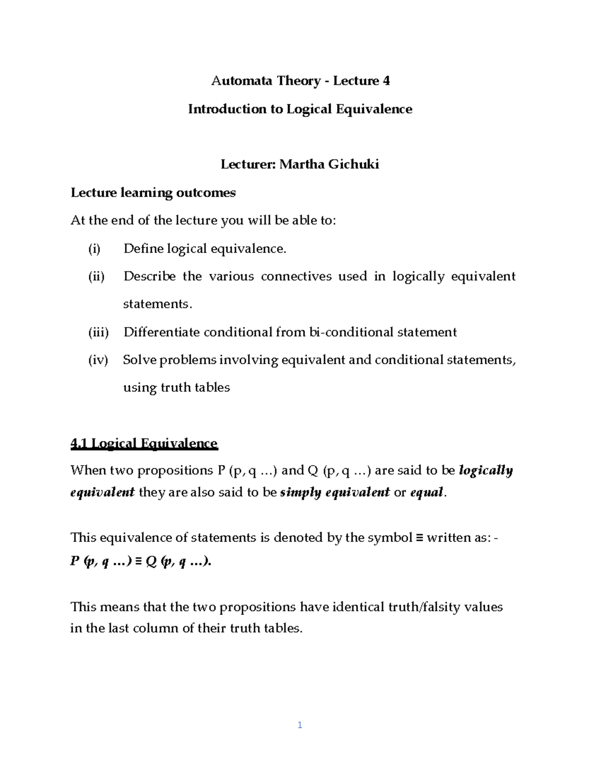 Automata Theory Lecture 4: Introduction to Logical Equivalence - Studocu