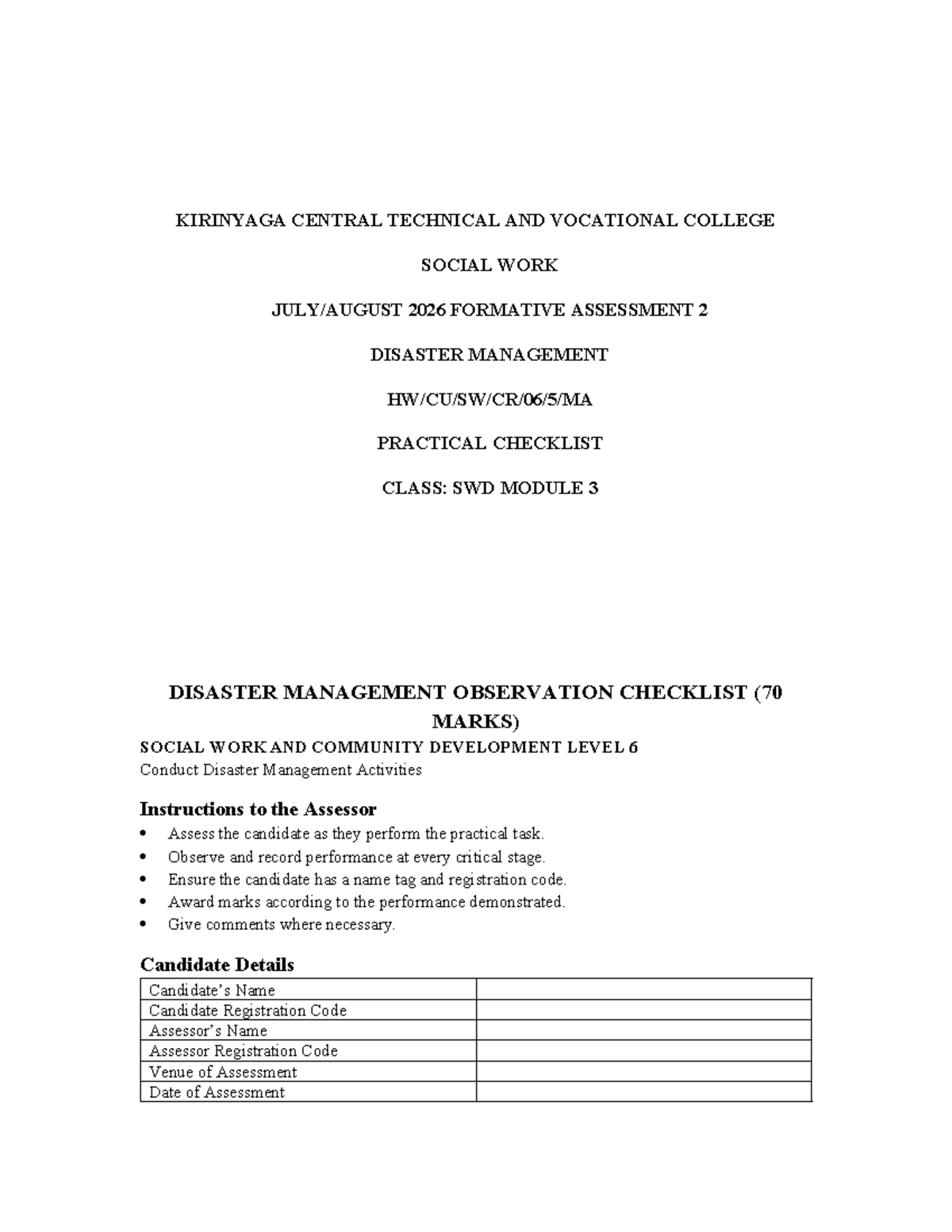 SWD 2026 Formative Assessment: Disaster Management Practical Checklist ...