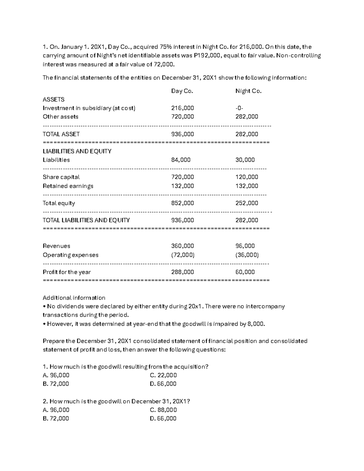 Quiz2 - Sample Exercises in Business Combination and Goodwill Analysis ...