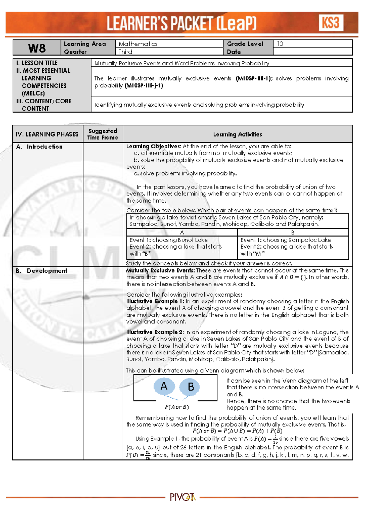 Grade 10 Math: Mutually Exclusive Events & Probability Q3 Lesson - Studocu