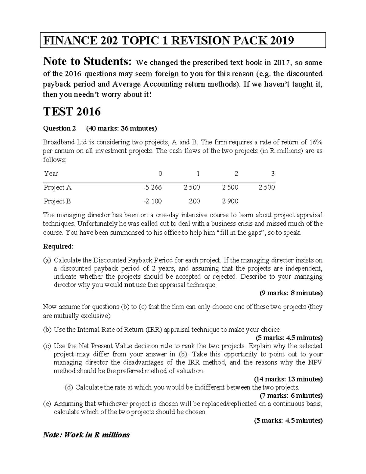 FINA202 Topic 1 Revision pack 2019 - FINANCE 202 TOPIC 1 REVISION PACK ...