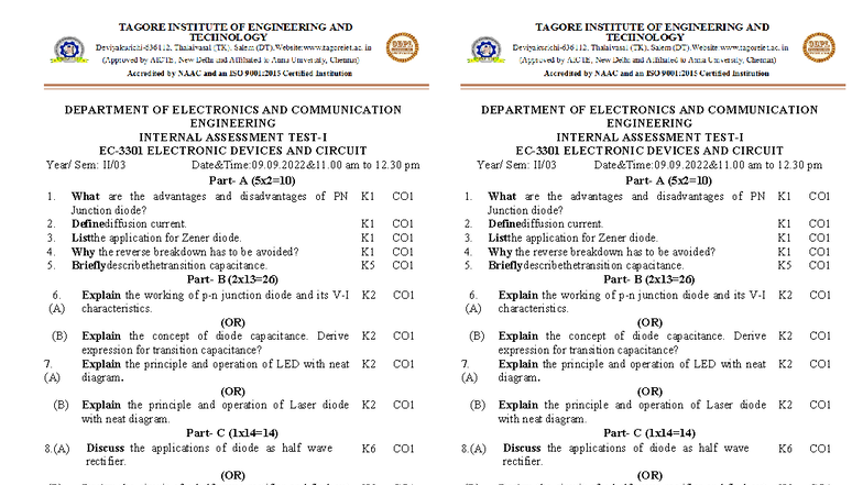 Ece Internal Assessment Electronic Devices Circuits Sem A Studocu