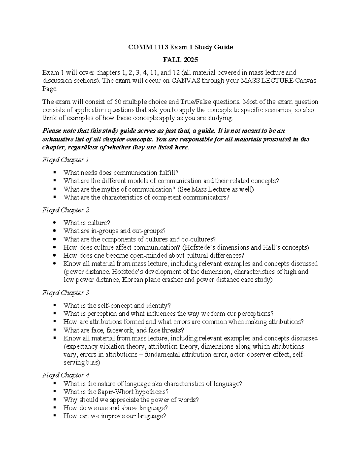 COMM 1113 Fall 2025 Exam 1 Study Guide: Key Concepts & Chapters - Studocu