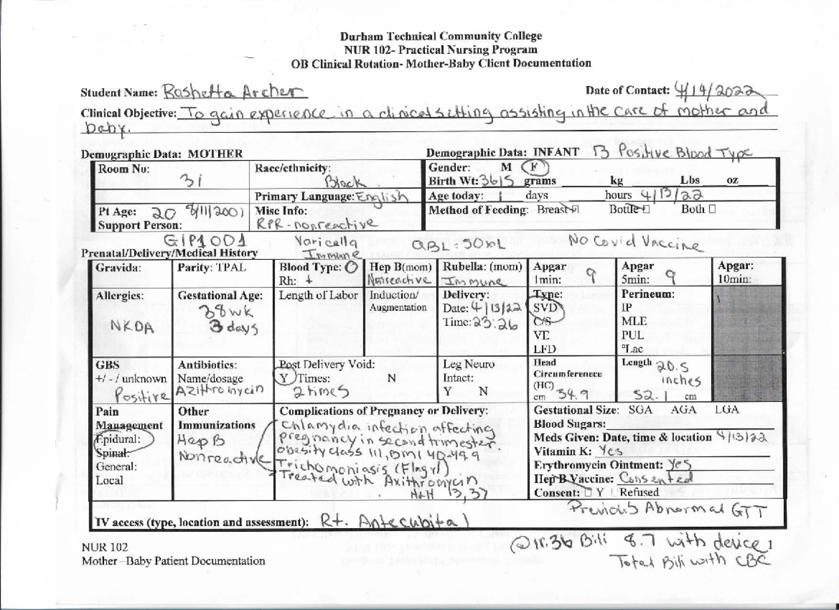 NUR 102 OB Clinical Client Documentation: Postpartum Infant Assessment ...