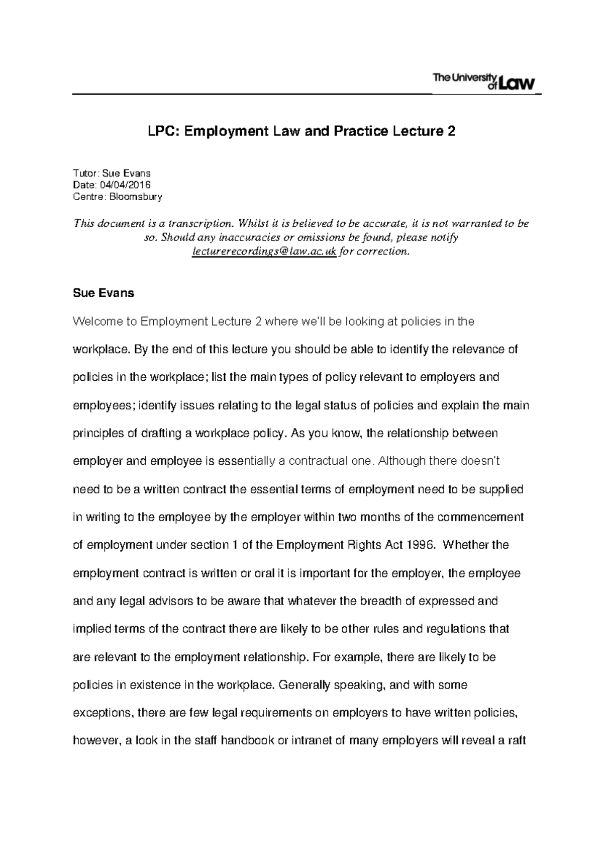 LPC Employment Law Lecture 2: Workplace Policies Explained - Studocu
